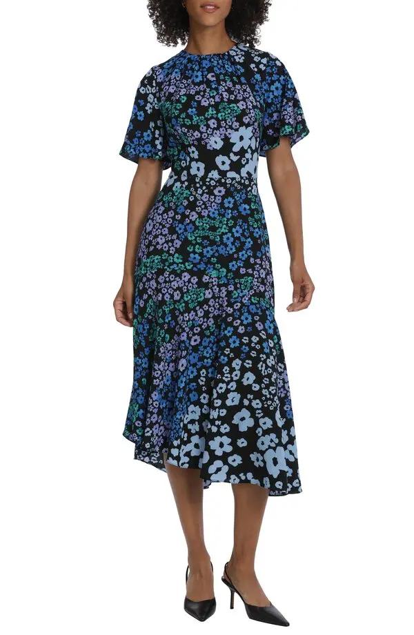 Robe Mi-longue Maggy London - Imprimé Fleurs Et Crêtes - Taille 2 - Occasion Très Bon état